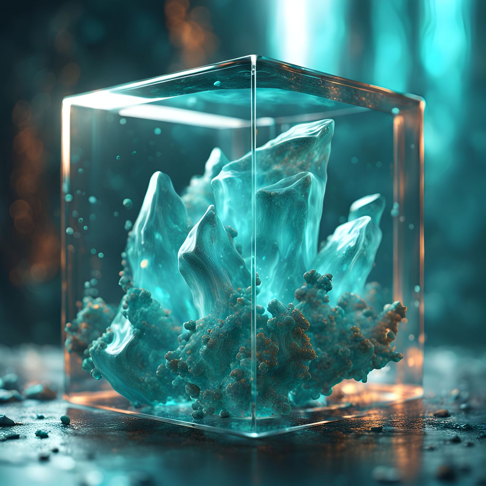 Turquoise transparent energy shimmers in a mystical glass cube - AI ...