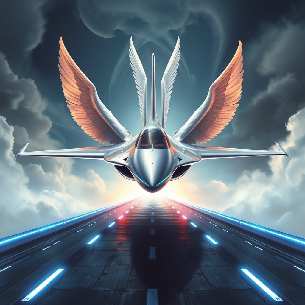 Angels Lift Futuristic Supersonic Jet into the Ski... - AI Art