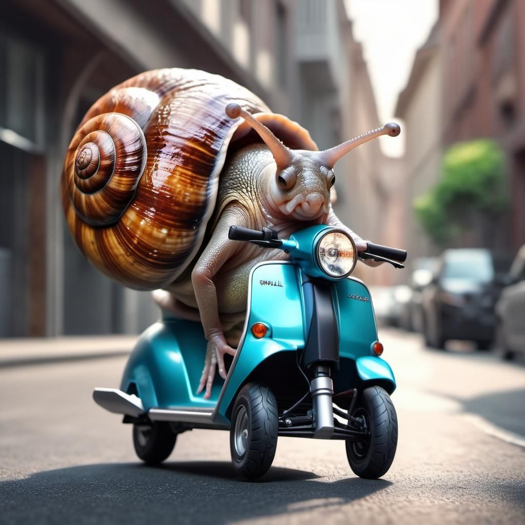 A snail riding an electric scooter at incredibly high speed, motion ...