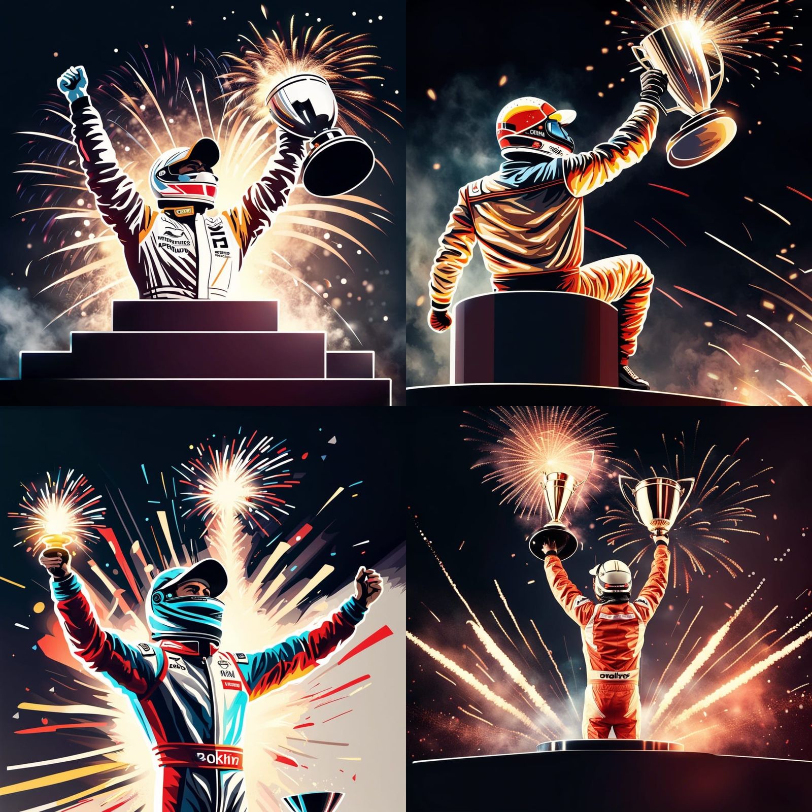 Formula One driver atop podium, victorious, hoisting colossal trophy ...