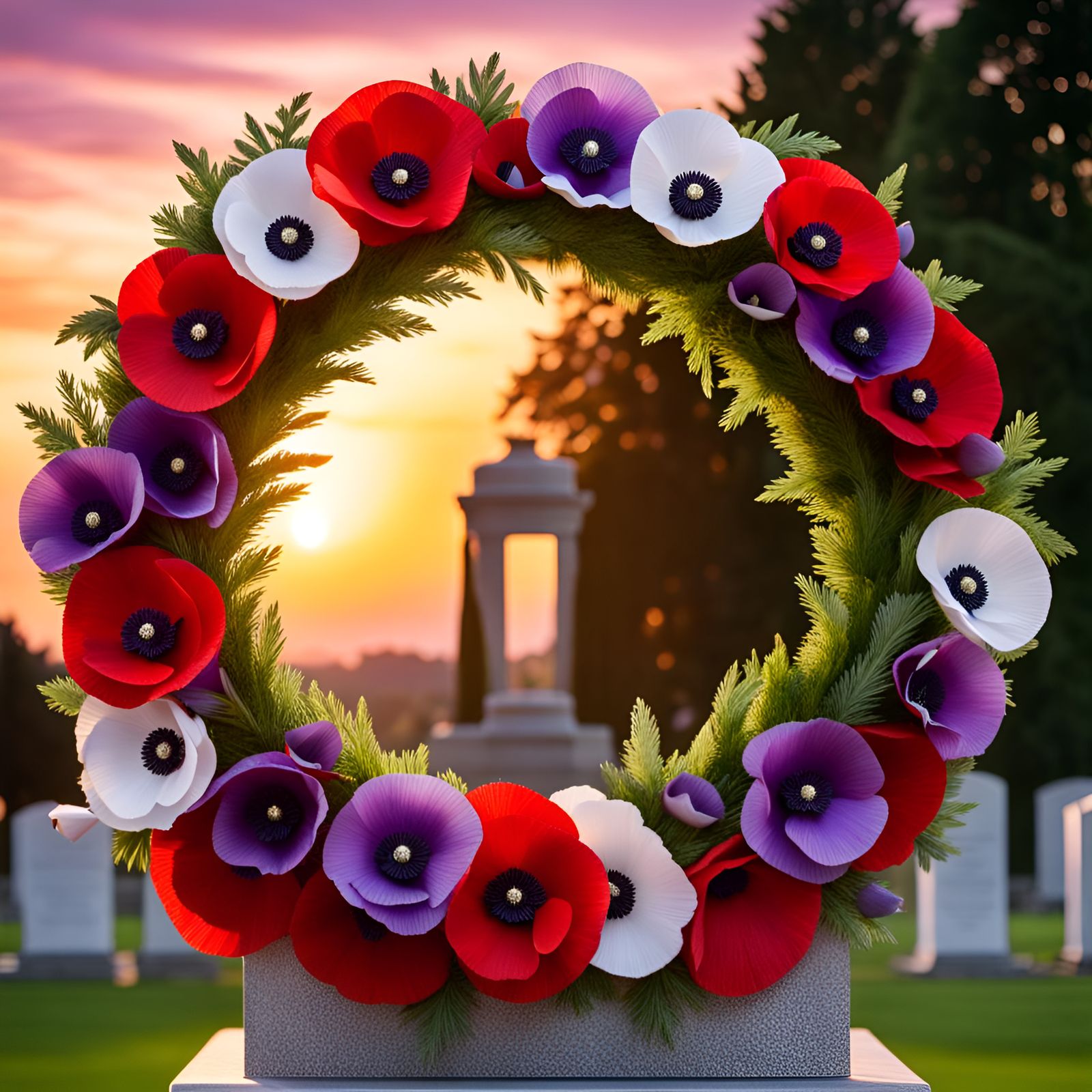 A wreath with red, purple and white poppies is placed on a war memorial ...