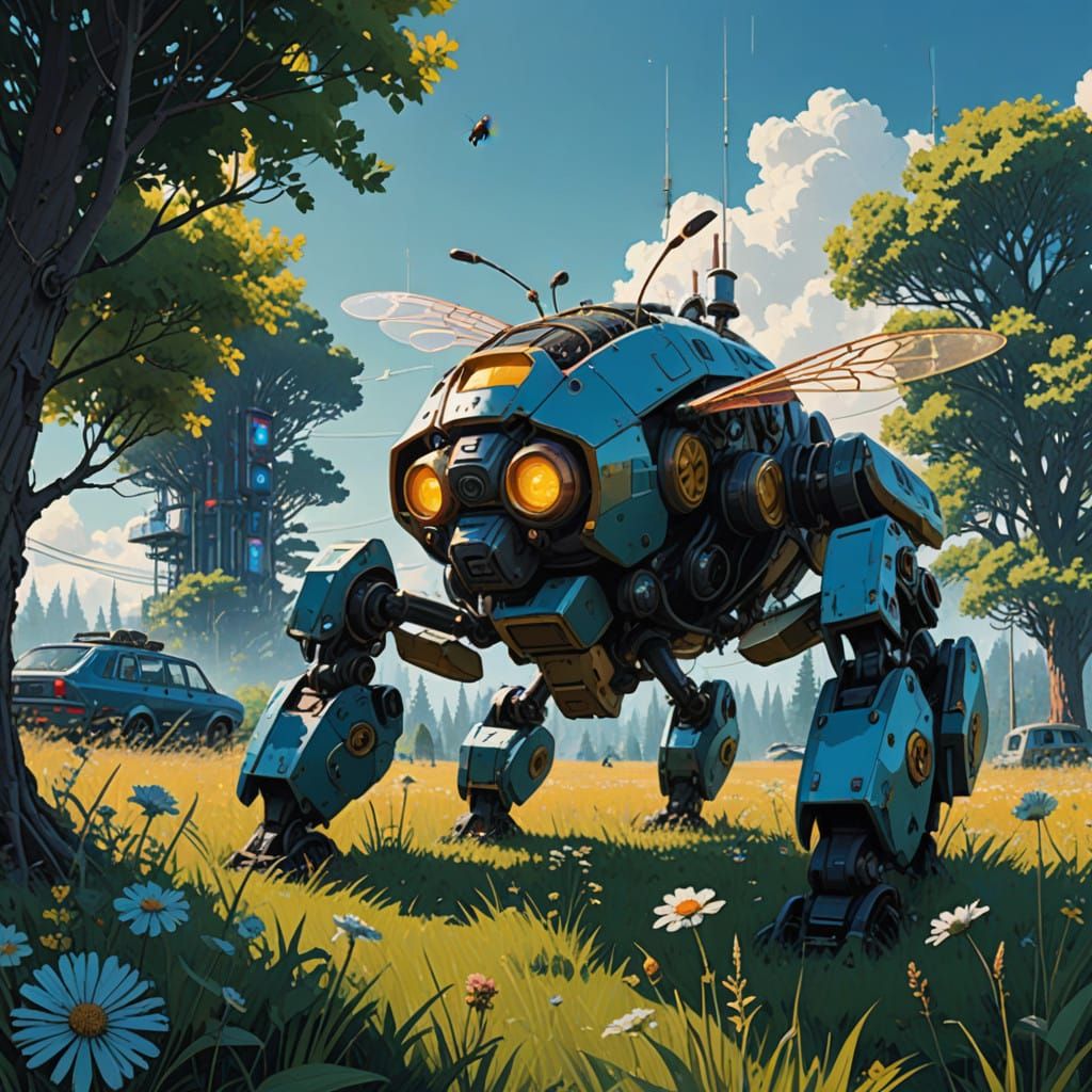 Robot honey bee - Futuristic Robot Honey Bee in Vibrant Flor...