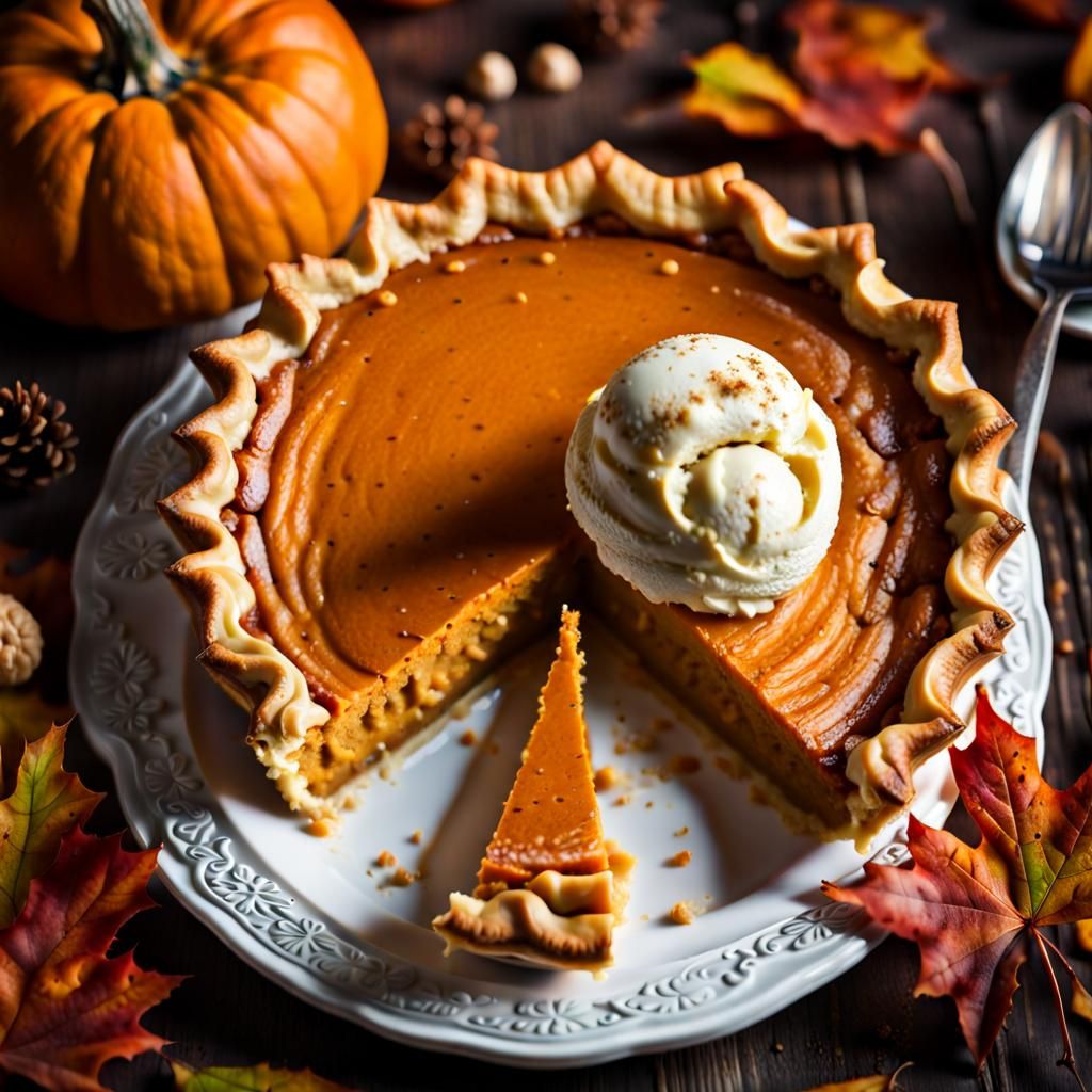 Pumpkin pie with vanilla ice cream on top - AI Generated Artwork ...