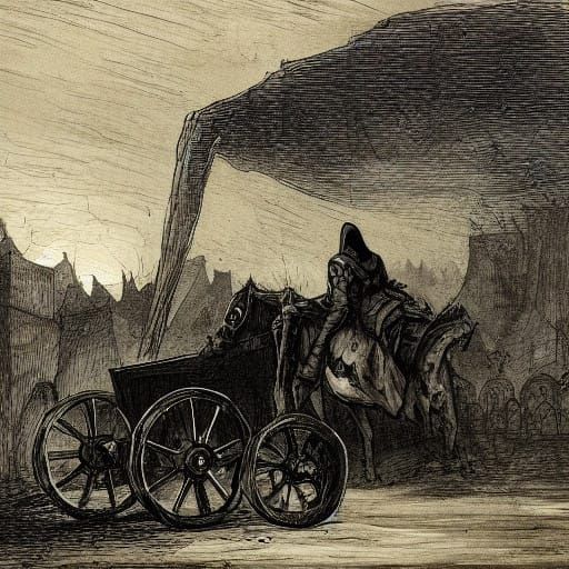 Dark Knight of the Wagon Stumbles in Gothic Scene - AI Art