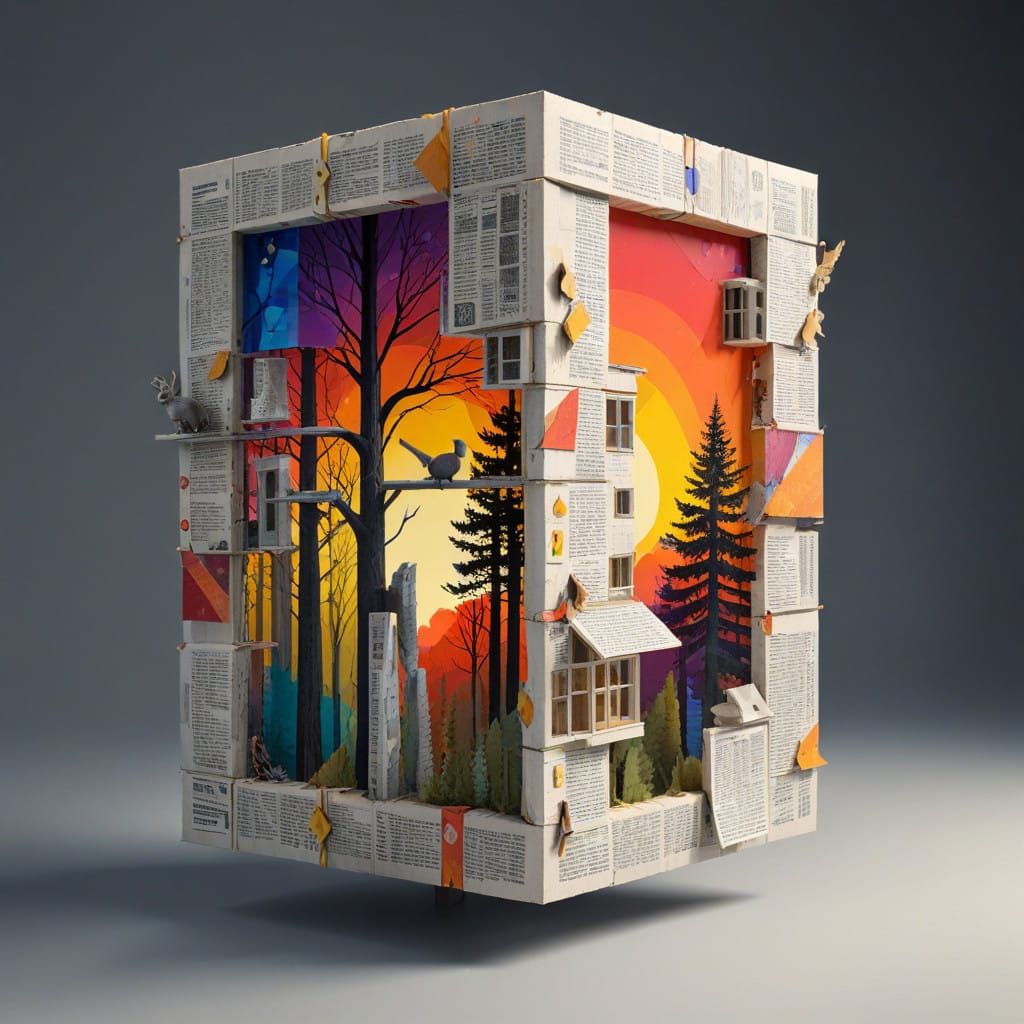 The Cubed Forest - Vibrant Cubist Forest Scene with Geometri...