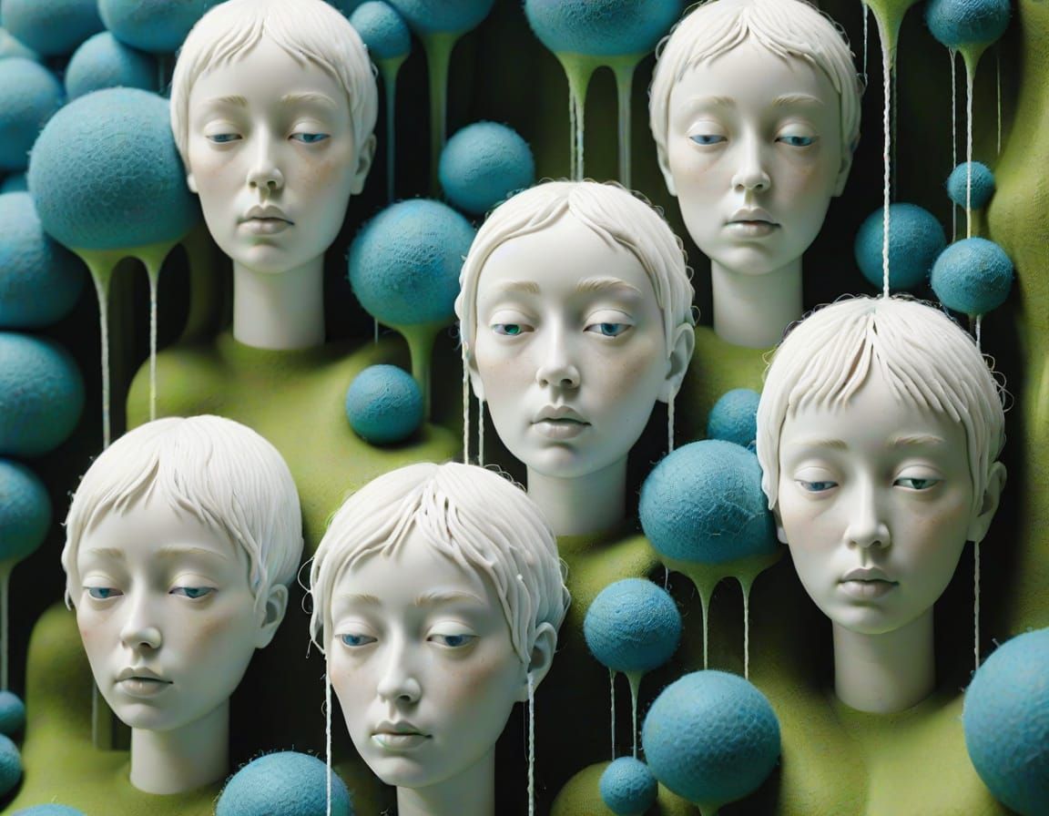 Heads - Surreal Blue Felt Heads on Green Landscape in 3D Tex...