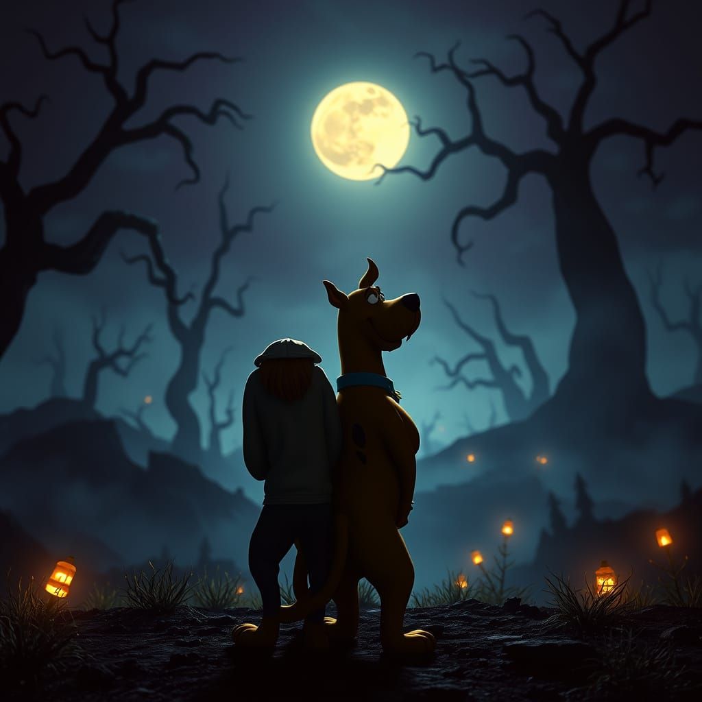 Gothic Duo Stands Tall in Moonlit Landscape - AI Art