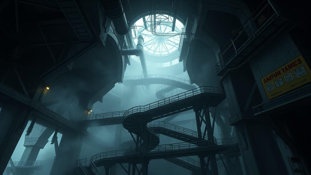 Inside of a huge dark brutalist underground factory