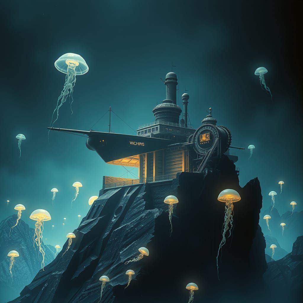Biomechanical Ship Emerges from Obsidian Island in... - AI Art