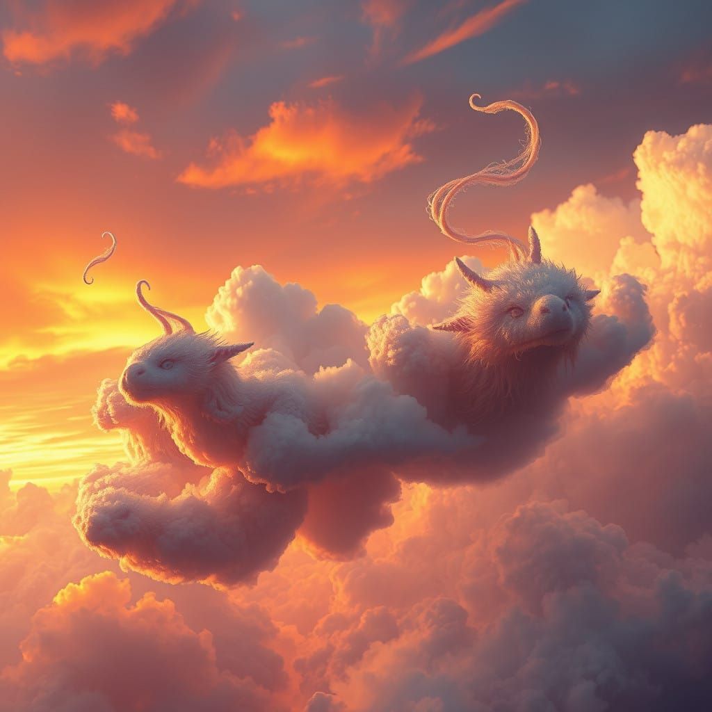 Cloud Beings in a Vibrant Sunset Landscape - AI Art