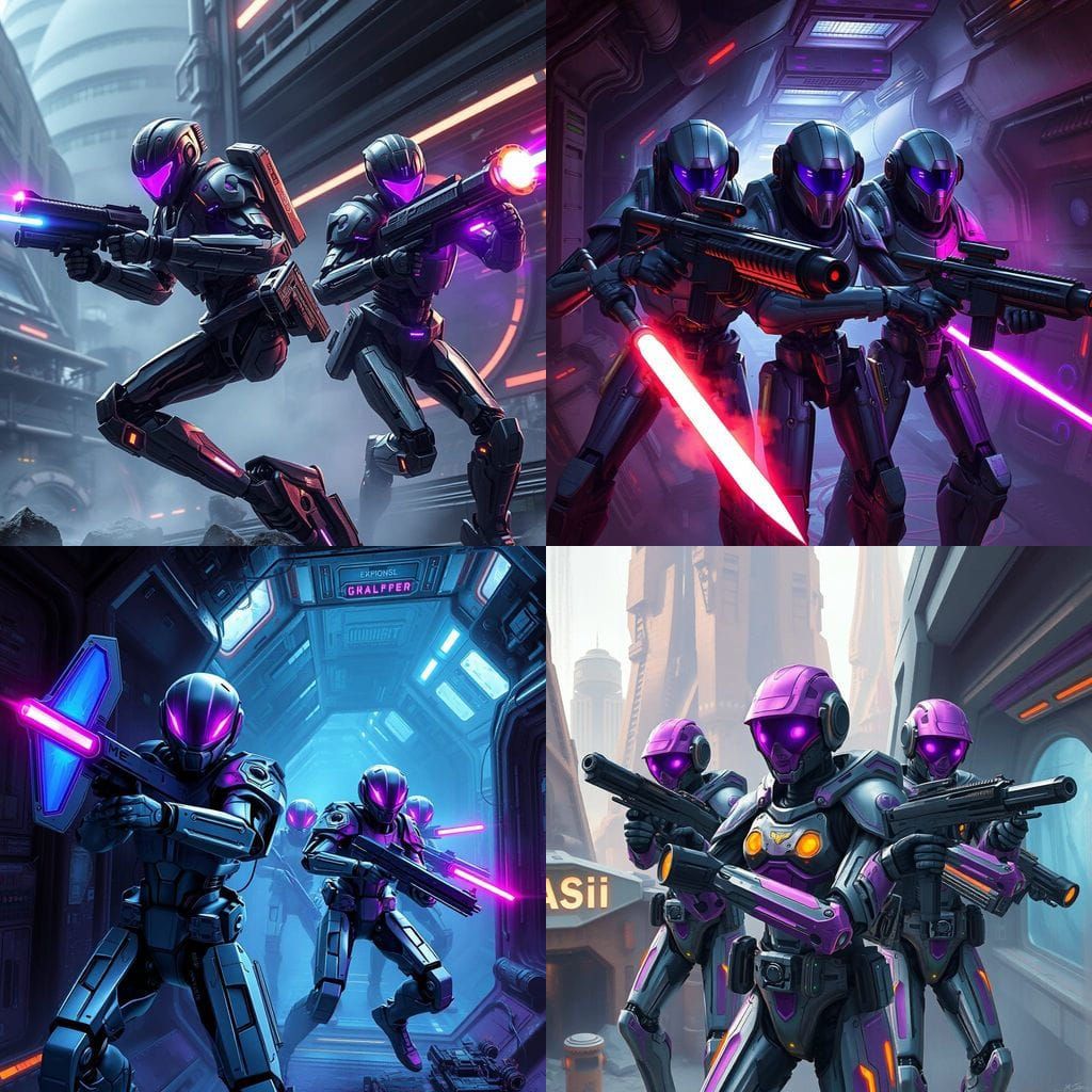 Surreal Violet Droids Engage in Urban and Space Ba... - AI Art