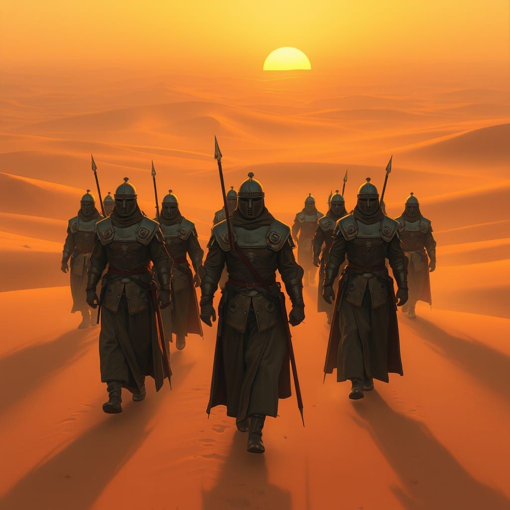Crusaders Marching Through Desert at Sunset - AI Art