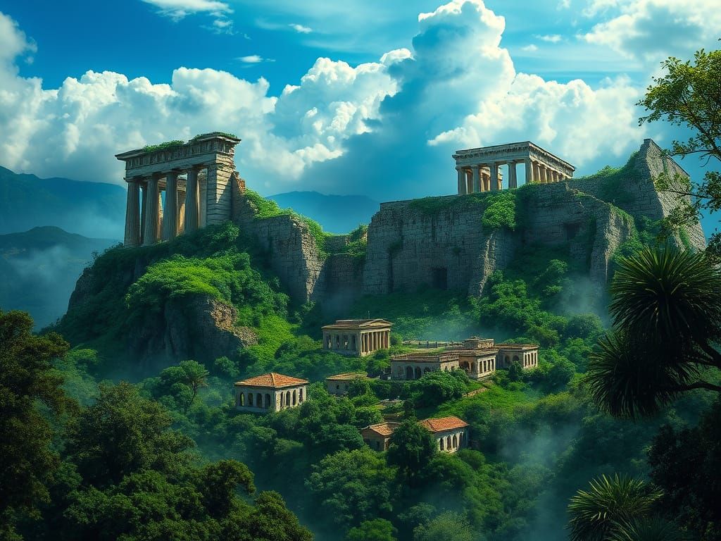 Half-ruined and partially collapsed remains of a large monumental ...