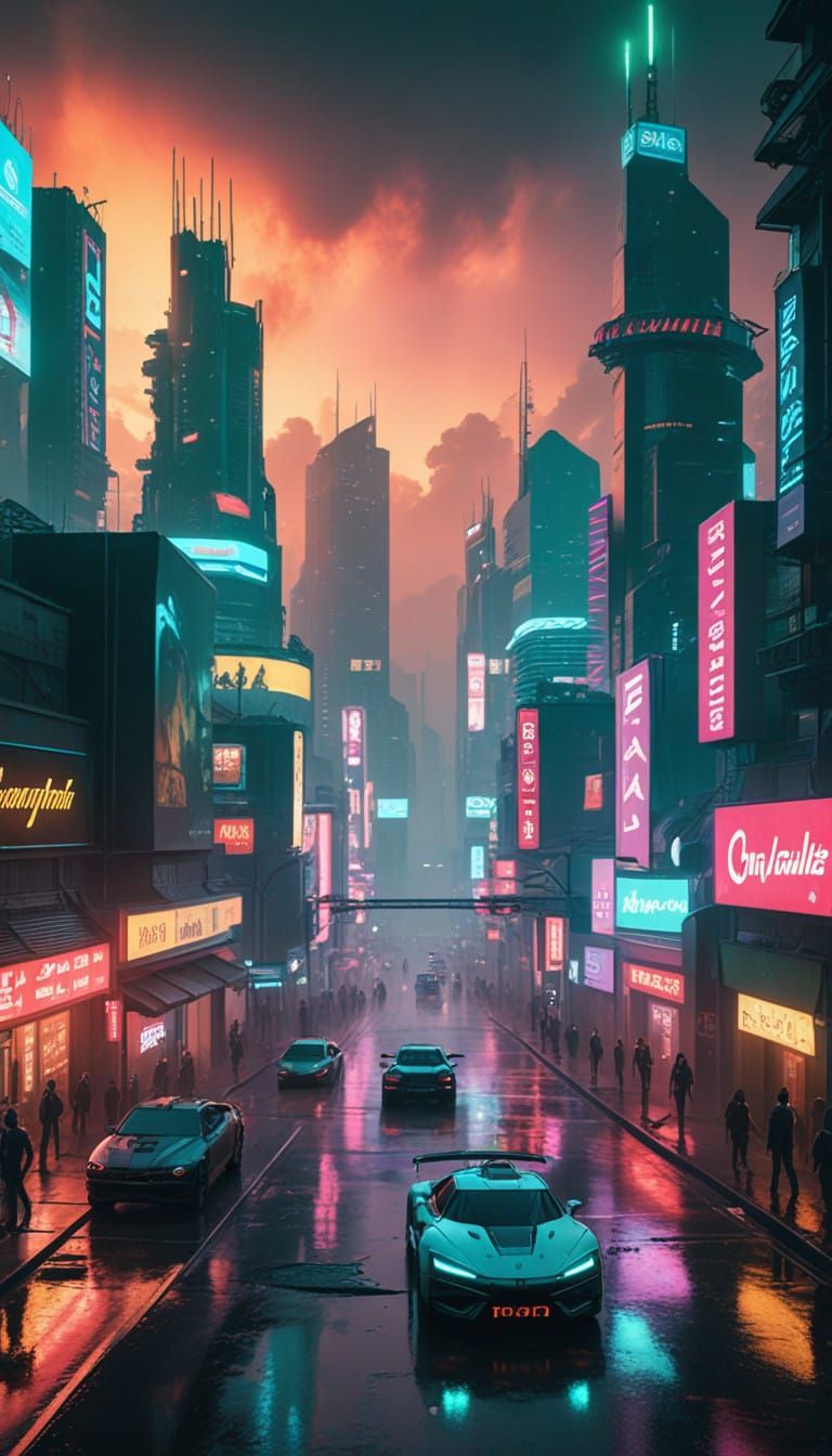Cyberpunk Cityscape at Dusk in Oversaturated Neon ... - AI Art