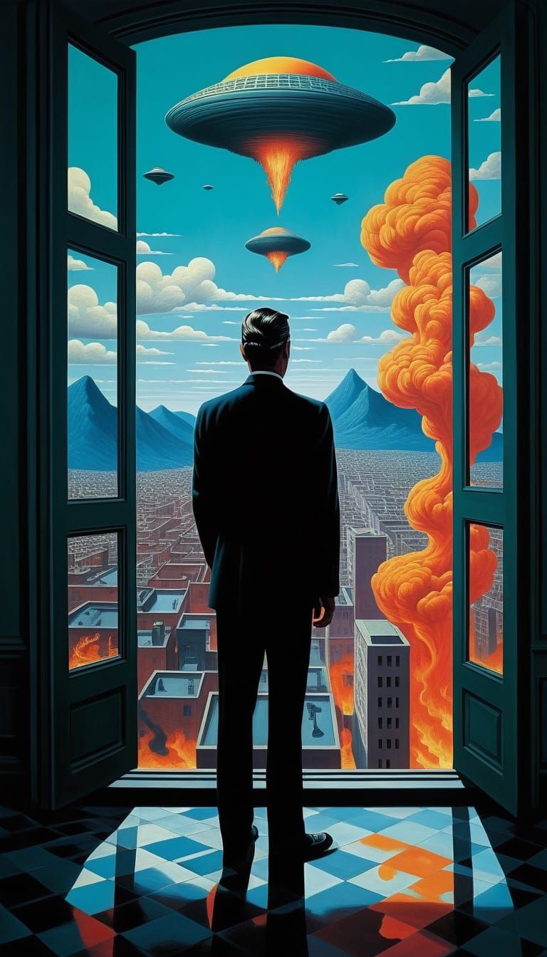 Ethereal Cityscape in Flames, Inspired by Surreali... - AI Art