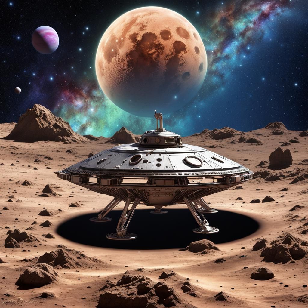 Photograph, Macro, miniature alien spaceship on the moon surface ...