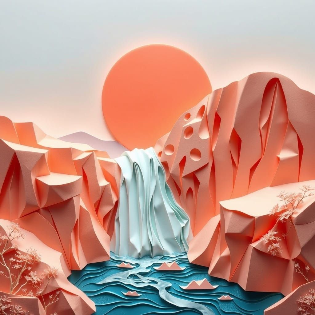 Origami Waterfall - Ethereal Origami Waterfall in Soft Focus