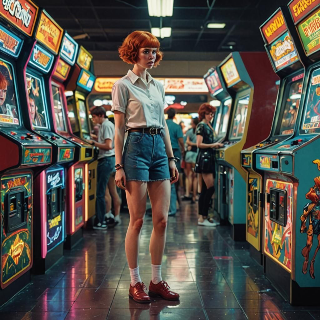 Barefoot redhead girl with a pixie cut being brainwashed in an 80s mall ...