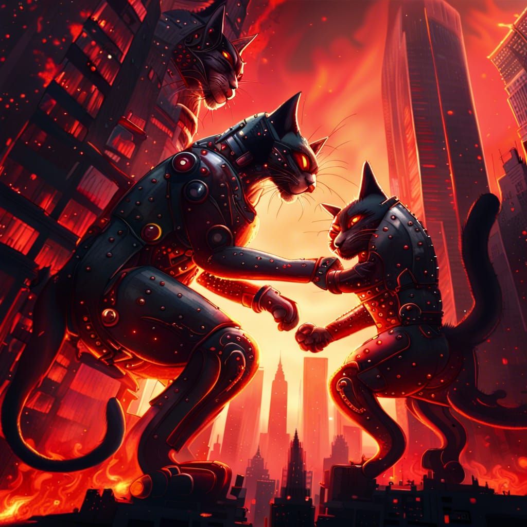Giant robotic cat FIgth. - AI Generated Artwork - NightCafe Creator