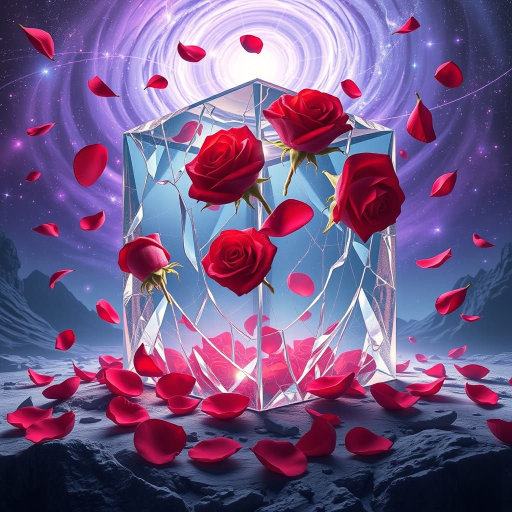Cosmic Roses Fall in a Shattered Glass Oasis - AI Art