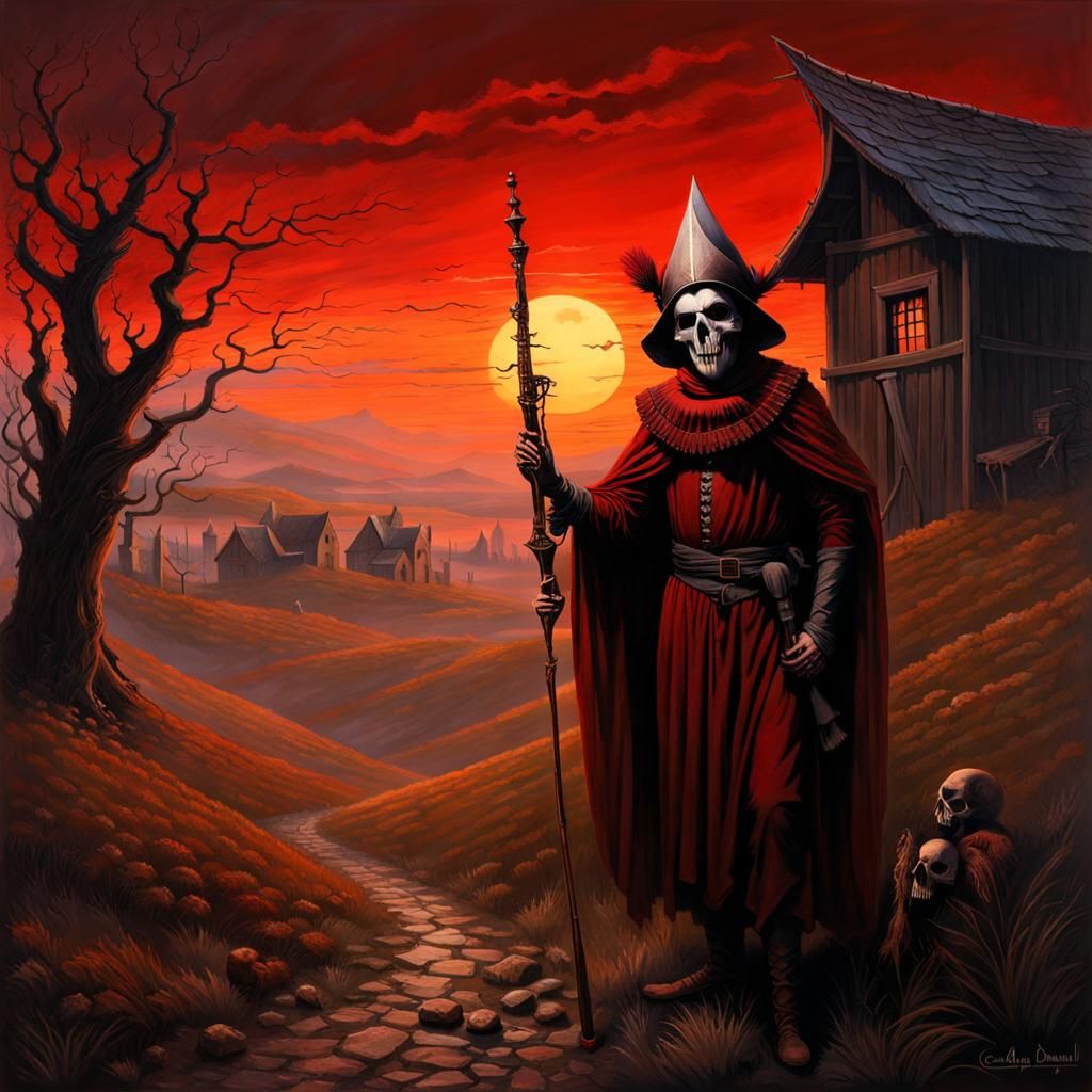 Ominous, Full body male figure, sinister jester, playing a flute, skull ...
