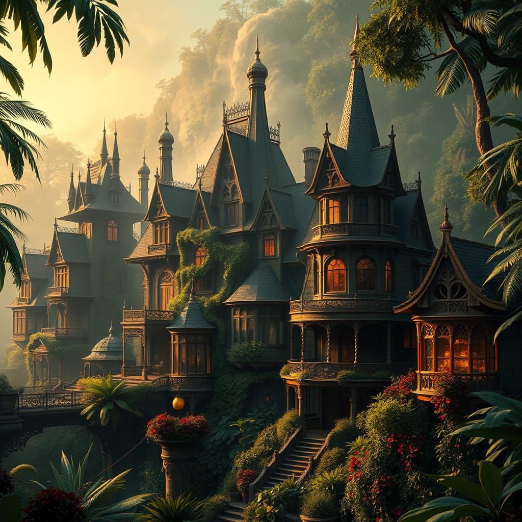 Ethereal Victorian Jungle Village in Golden Twilig... - AI Art