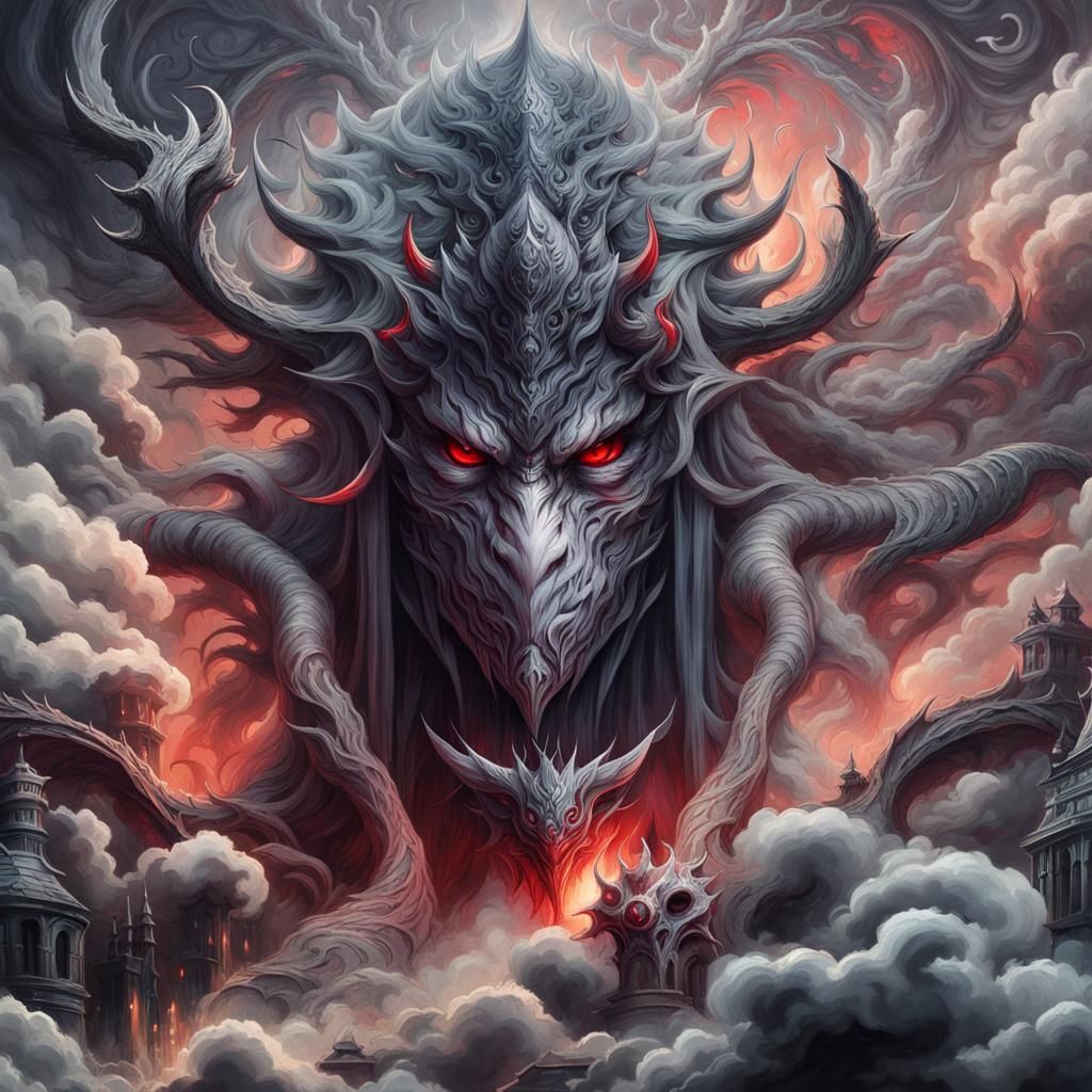 ominous figured emerges from a cloud of smoke or mist. intricate ...