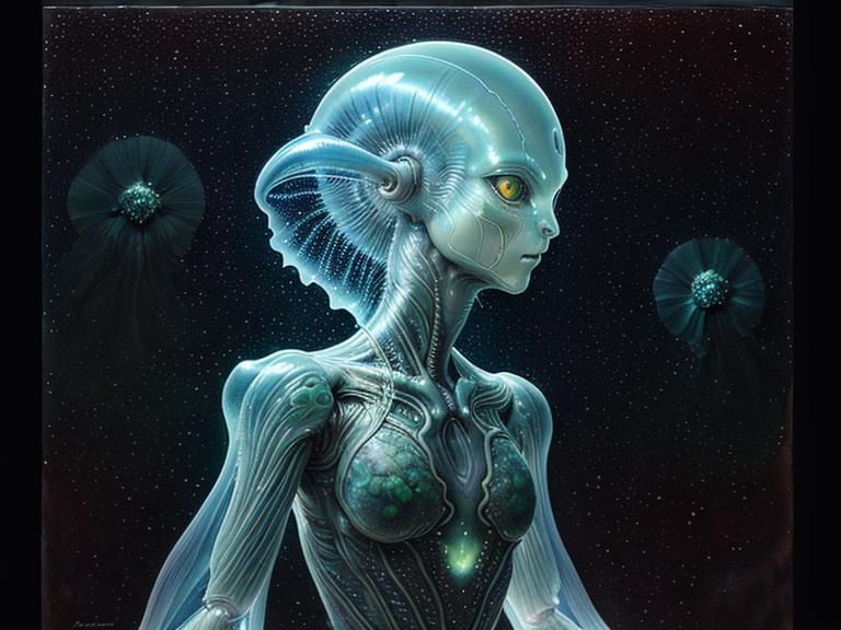 (Stunningly beautiful translucent water alien-like muliticolored microbiological humanoid ...