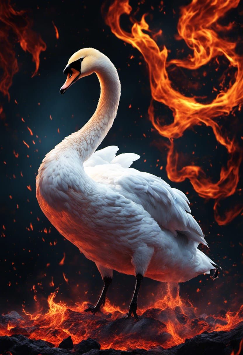 Swan in Hell, burning lava, explosive flames jumping from firelit ...