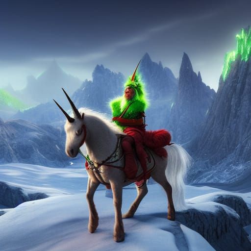 white Unicorn, Grinch, riding, epic snowy mountains - AI Generated ...