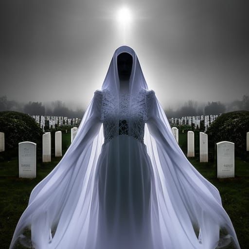 ghost-girl full form angle, no face, no hands, covered in white robe ...