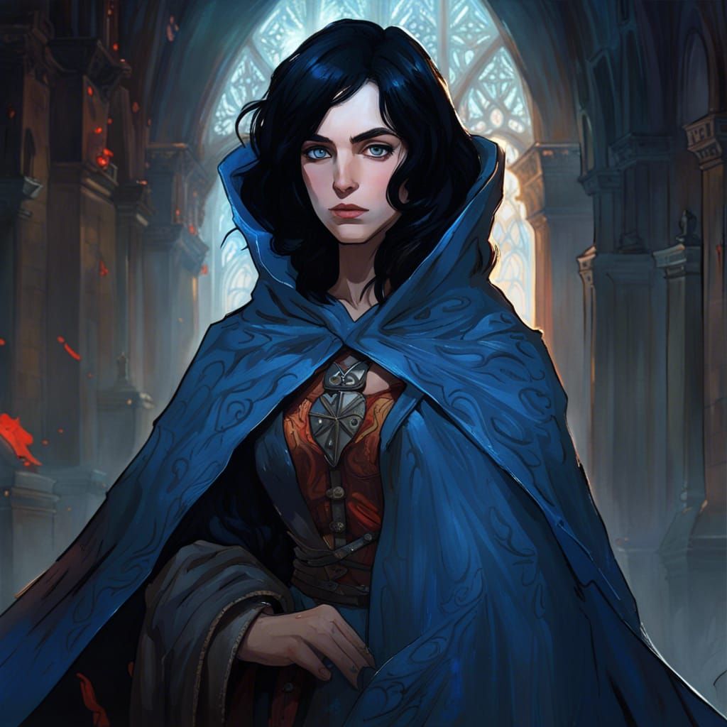 young woman, blueish black hair, pale, bright blue eyes, daughter of ...