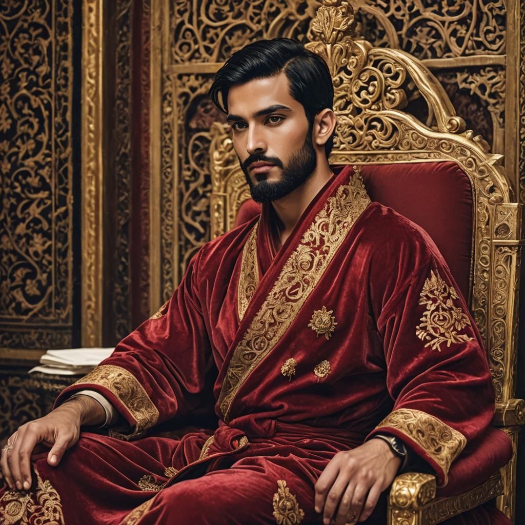 Alfi Barakat, colour portrait of young Arab prince on his throne - AI ...