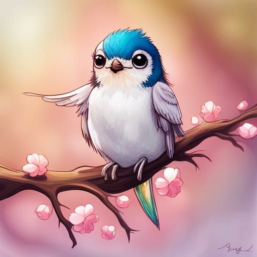 A cute chibi sparkle bird on a white flower branch full of petals ...