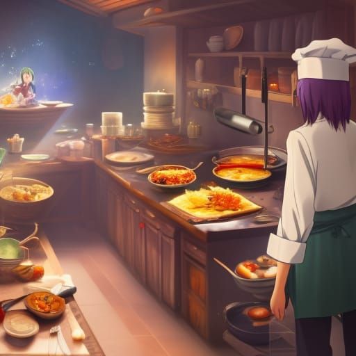 Chef cooking a delicious meal for friends and family, anime style ...