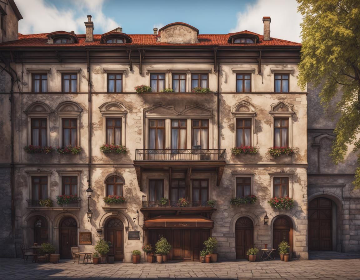 Old town, eastern europe, classic hotel, 4k, hyperdetailed, Georgian script - AI Generated ...