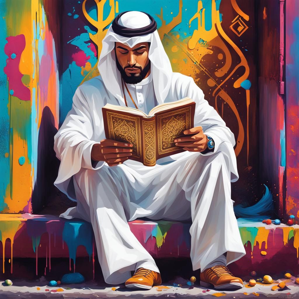 Arabic prince, he is beautiful , wearing His white clothes and reading ...