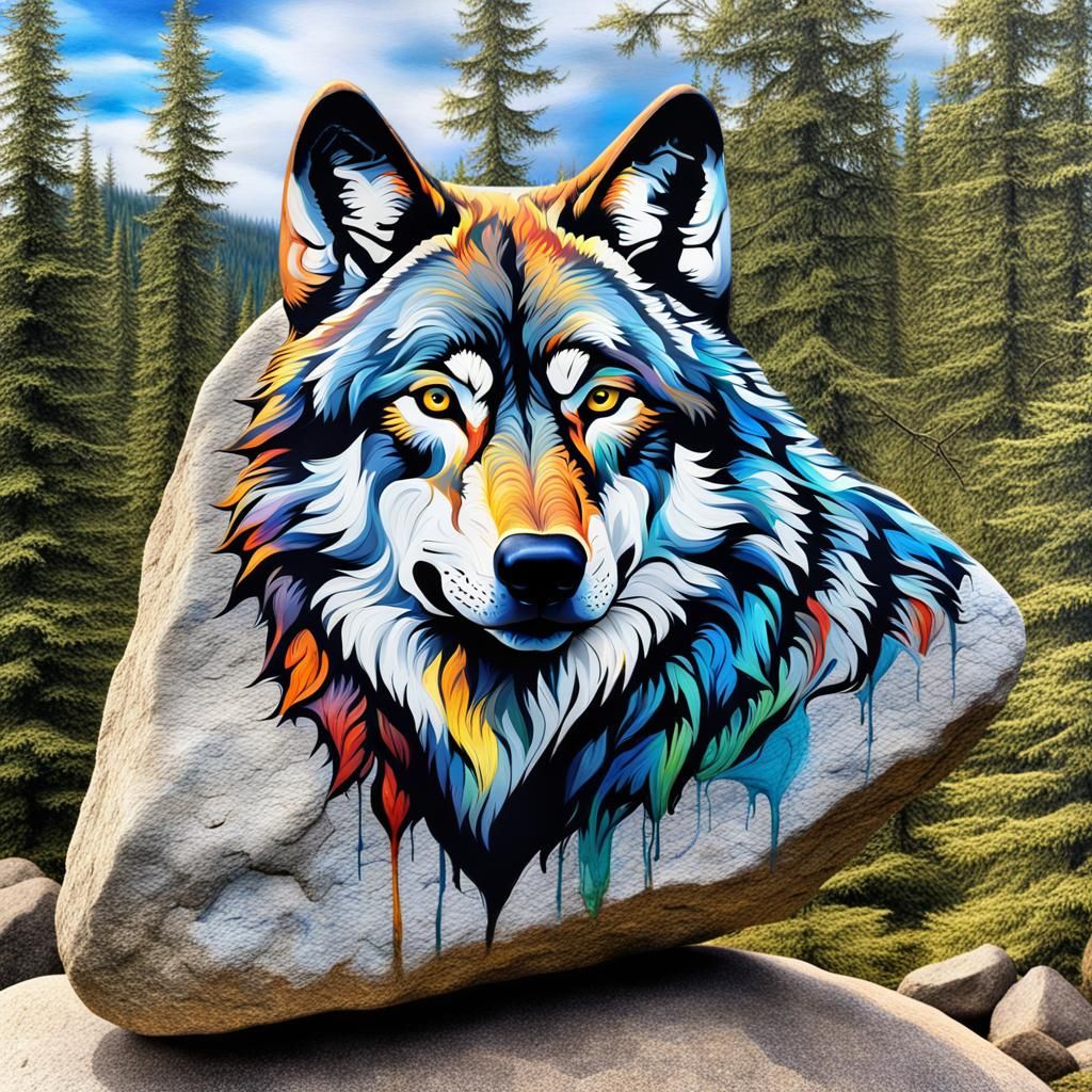 bright colors painting in the wild in Canada, wolf drawn on a rock, a ...