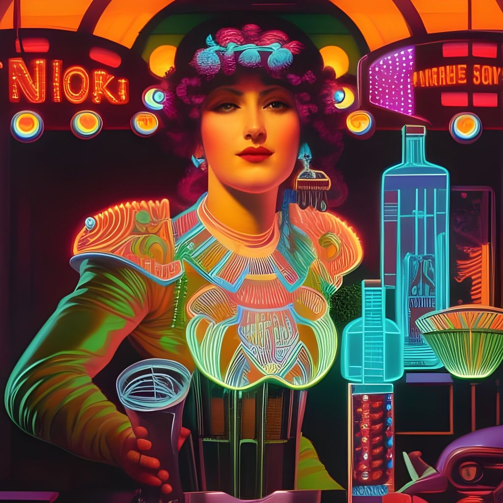 Cyborg bartender under Neon signs by Fenton, Ivan Marchuk, Alphonse ...