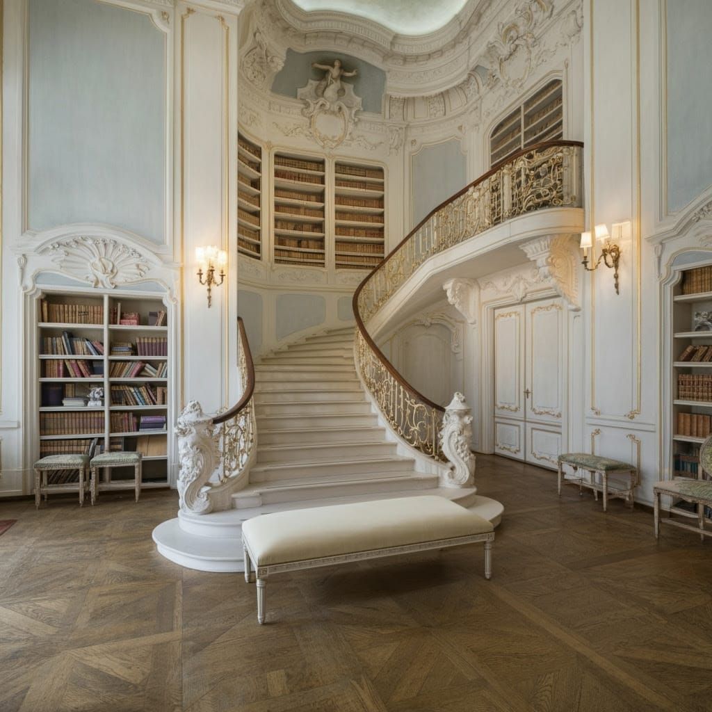 Elegant Rococo Library with Velvet Bench and Sweep... - AI Art