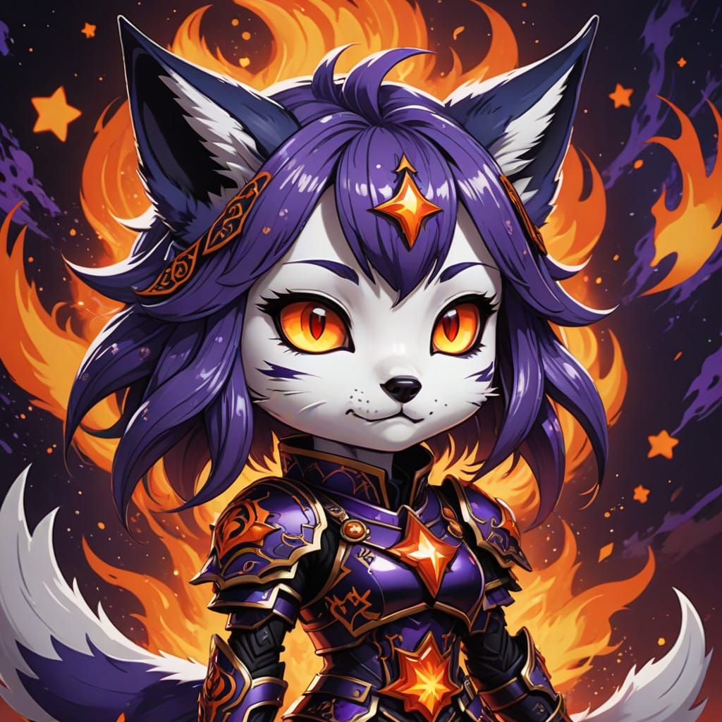 Chibi Kitsune Girl in Hellfire Armor, Anime-Inspir... - AI Art
