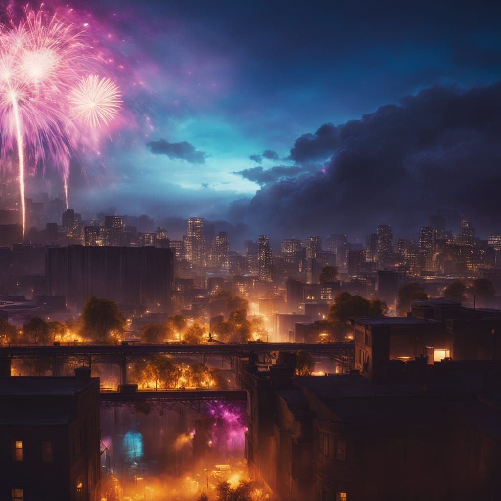 Bridgeless Fireworks Skies - Cinematic Cityscape Fireworks C...