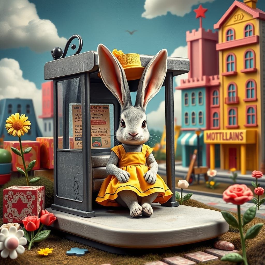 Whimsical Rabbit at Toy Bus Stop in Fantastical Wo... - AI Art