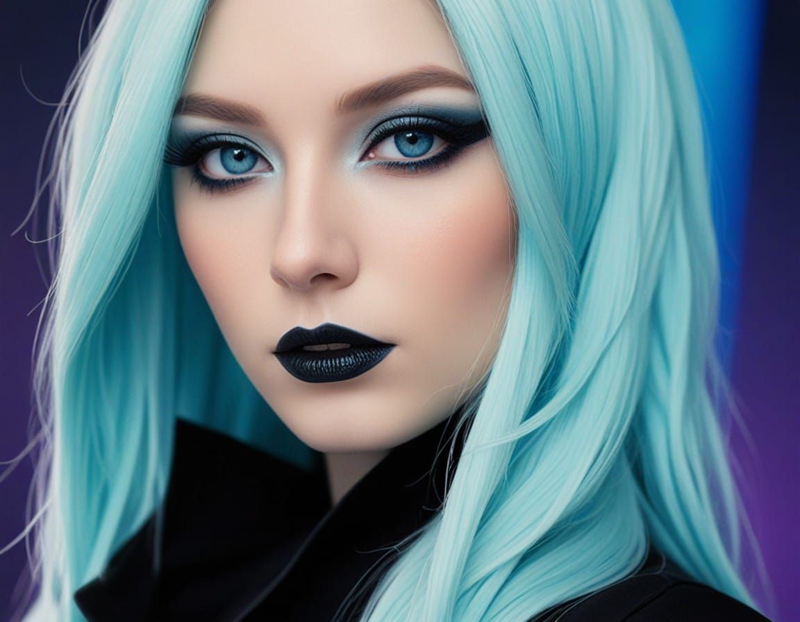 Stunning portrait of beautiful gothic young lady with turquoise blue ...