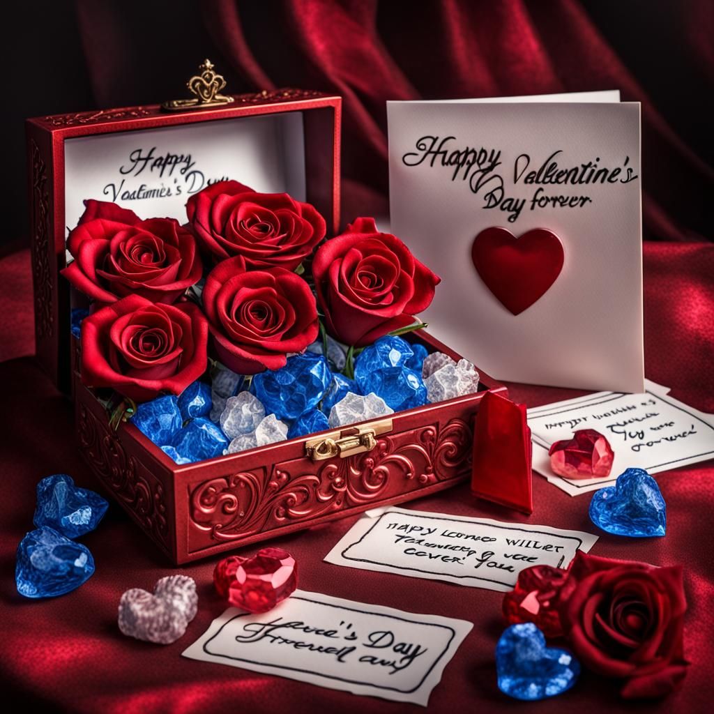 a dozen blue and red crystal roses and a box of jeweled candies on a ...
