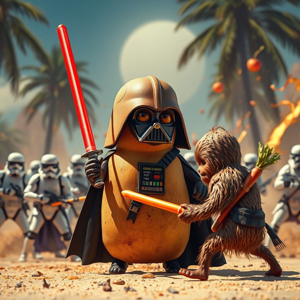 Potato Darth Vader Battles Coconut Chewbacca in Ep... - AI Art