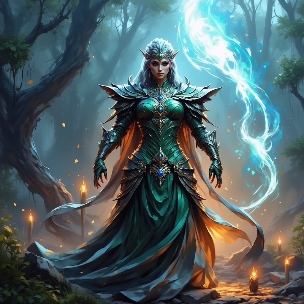 Powerful - Majestic Elven Sorceress in Emerald Robes