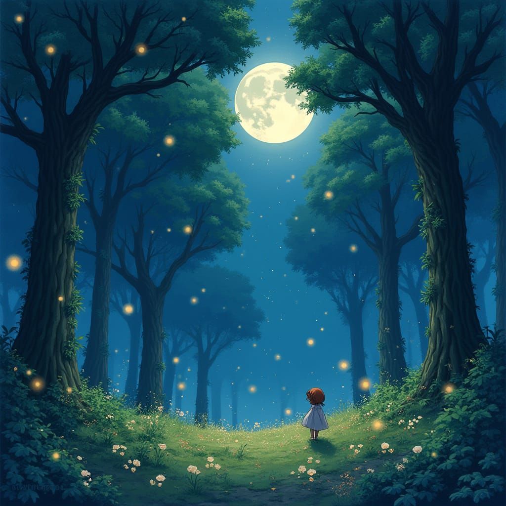 Stüdyo ghibli style - Whimsical Moonlit Forest in Studio Ghi...