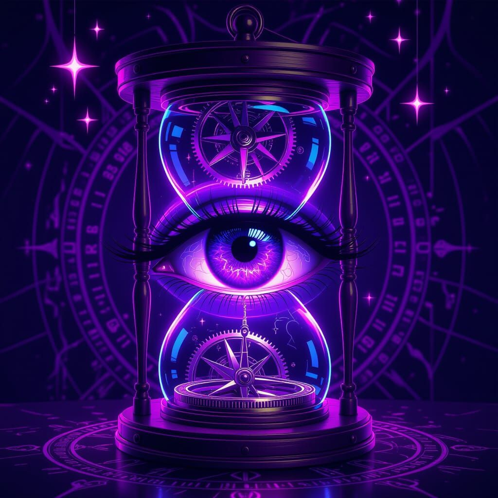 The eye - Neon Eye in Hourglass with Clockwork, Sci-Fi Art