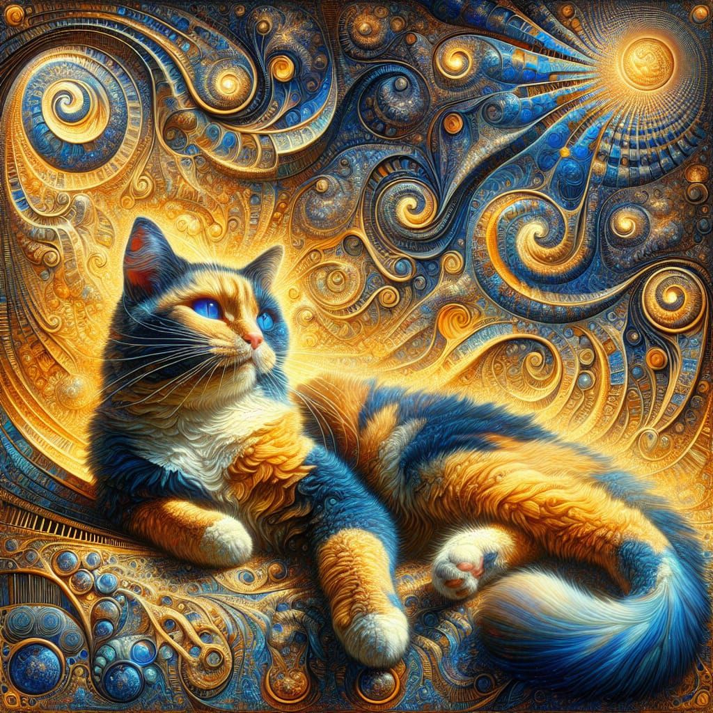 Create an ultra-detailed full-body portrait of a calico cat luxuriating ...